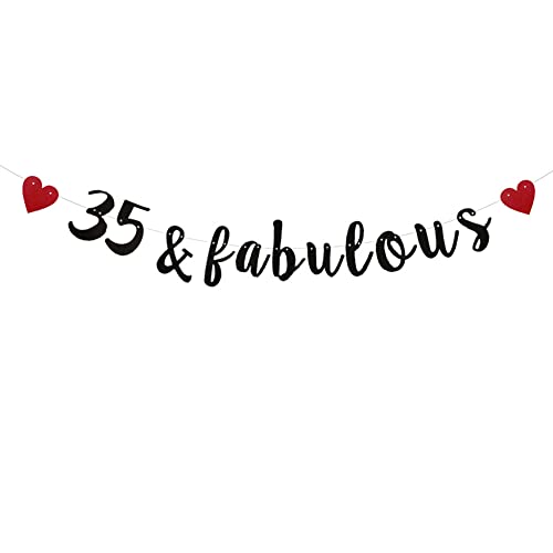 XIAOLUOLY Black 35 & Fabulous Glitter Banner,Pre-Strung,35th Birthday / Wedding Anniversary Party Decorations Bunting Sign Backdrops,35 & Fabulous