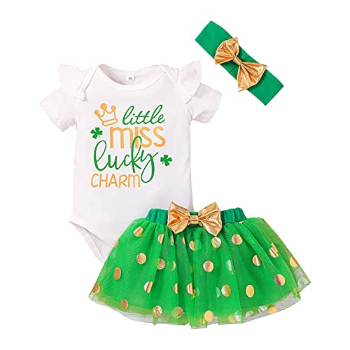 St.Patrick 's Day Newborn Baby Girl Short Sleeve Round Neck Romper Tops+Dots Tutu Tulle Skirt+Headband 3pcs Clothes Set (Green, 0-3 Months)