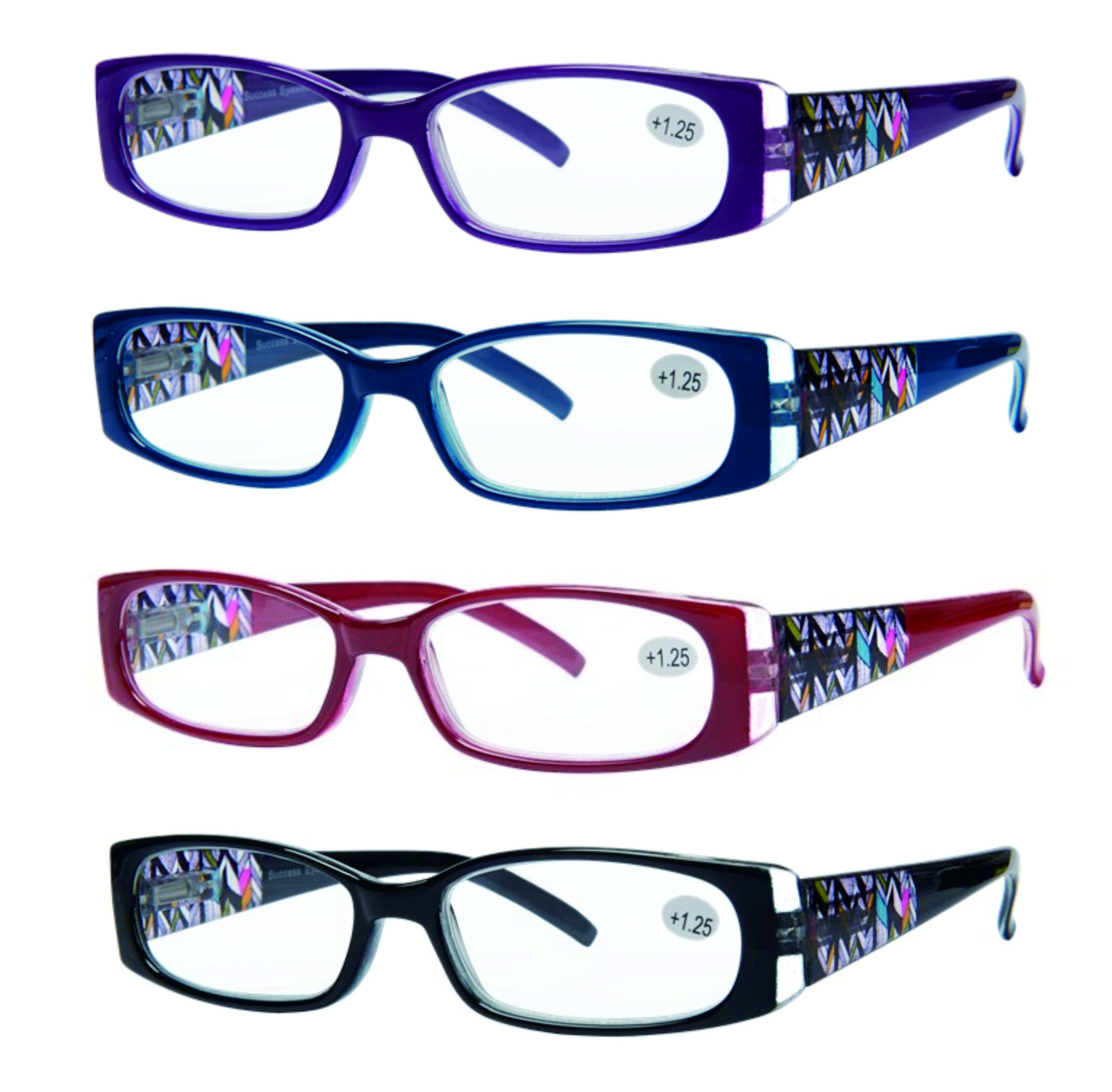 Success Eyewear READING GLASSES 4 Pack Quality Readers Spring Hinge Stylish Designed Womens Glasses for Reading Set of Black, Blue, Red, Purple 2.5