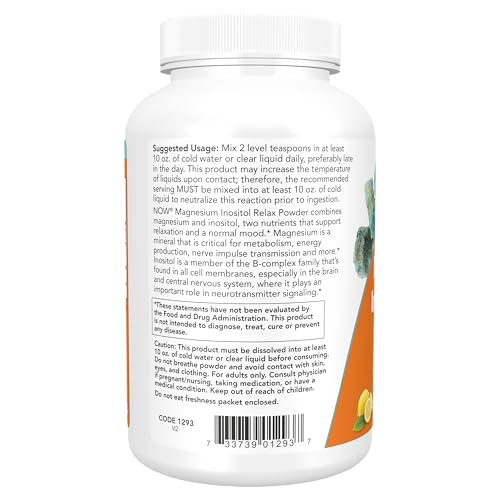 NOW Foods Supplements,powder Magnesium Inositol Relax, Nervous System Support*, Fizzy Lemonade Flavor, 16-Ounce