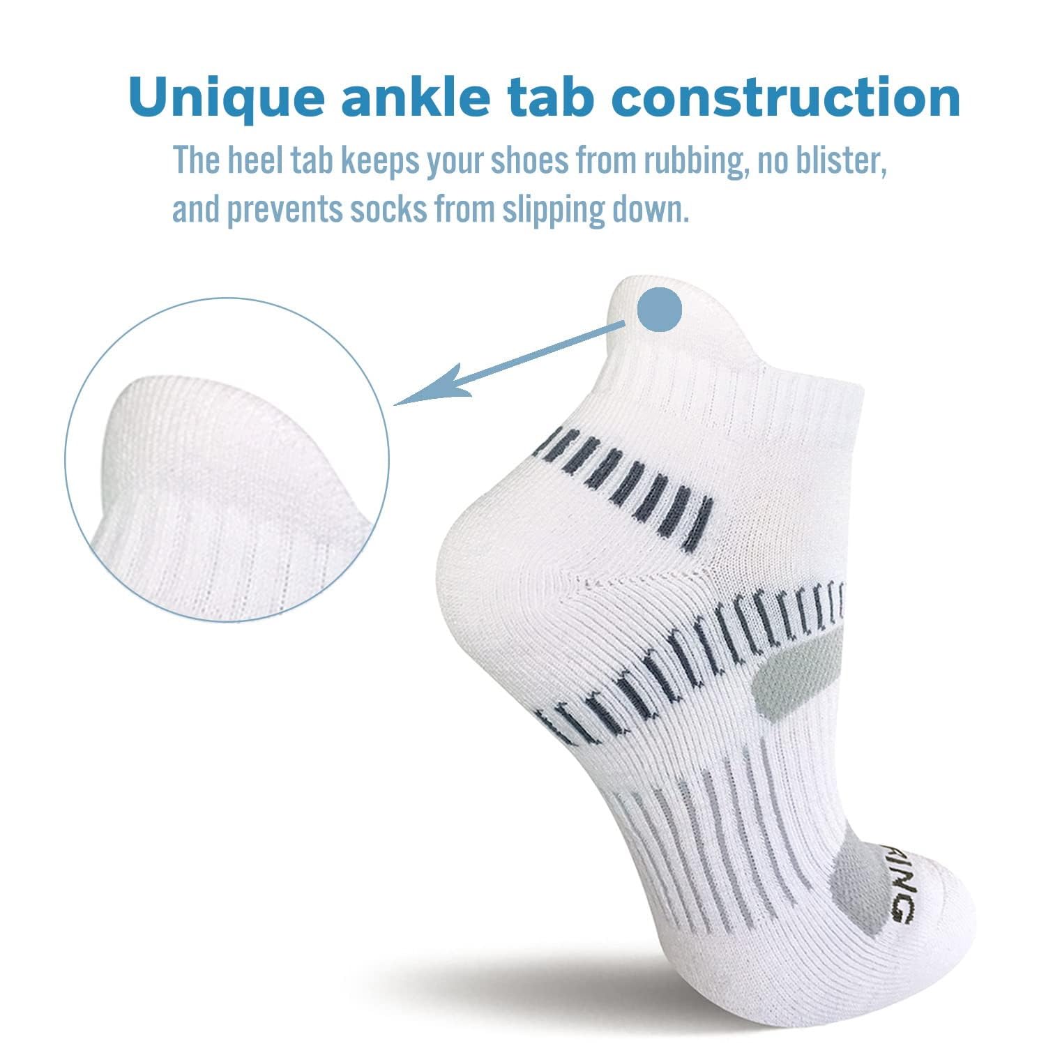 BERING Women's Athletic Running Cushioned Ankle Socks, Size 6-9, White/Grey, 6 Pairs