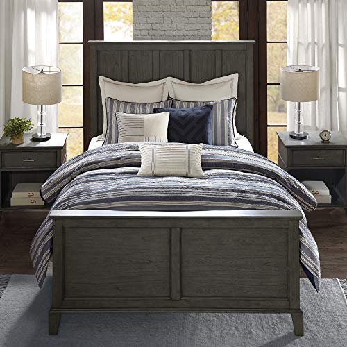 Madison Park Signature Cozy Comforter Set - All Season Bedding Combo Filled Insert and Removable Duvet Cover, Shams, Decorative Pillows, Stripe Blue King (110 in x 96 in) 10 Piece