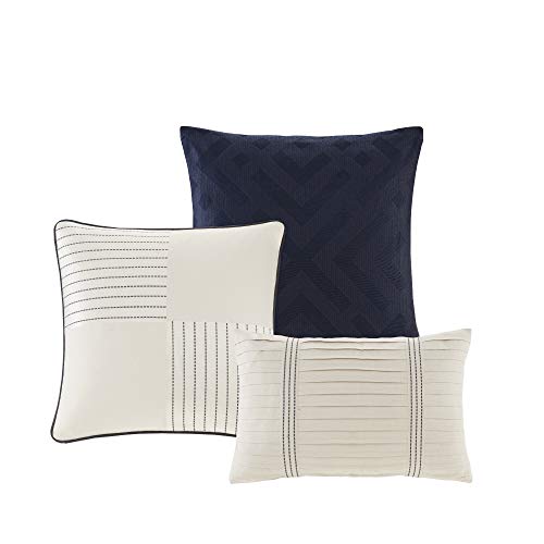 Madison Park Signature Cozy Comforter Set - All Season Bedding Combo Filled Insert and Removable Duvet Cover, Shams, Decorative Pillows, Stripe Blue King (110 in x 96 in) 10 Piece