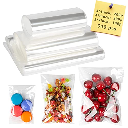 Labeol Cellophane Bags Self Adhesive 500pcs Clear Resealable Bags 3 Sizes 3x4 4x6 5x7 Cookie Bags for Packaging Snack Bags Cello Bags for Bakery Party Gift Candy Treat Bags