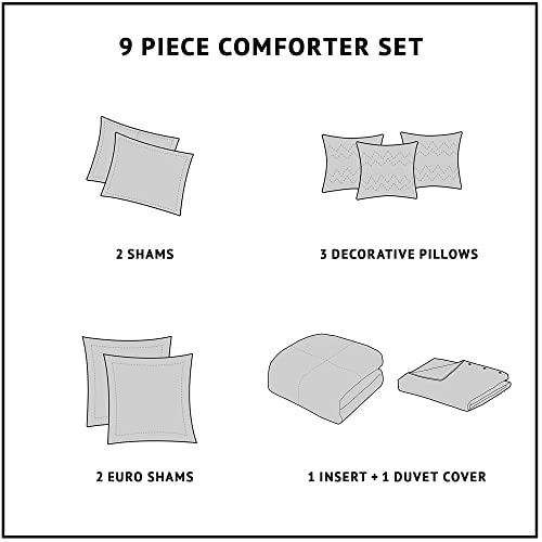 Madison Park Signature Cozy Comforter Set - All Season Bedding Combo Filled Insert and Removable Duvet Cover, Shams, Decorative Pillows, Stripe Blue King (110 in x 96 in) 10 Piece