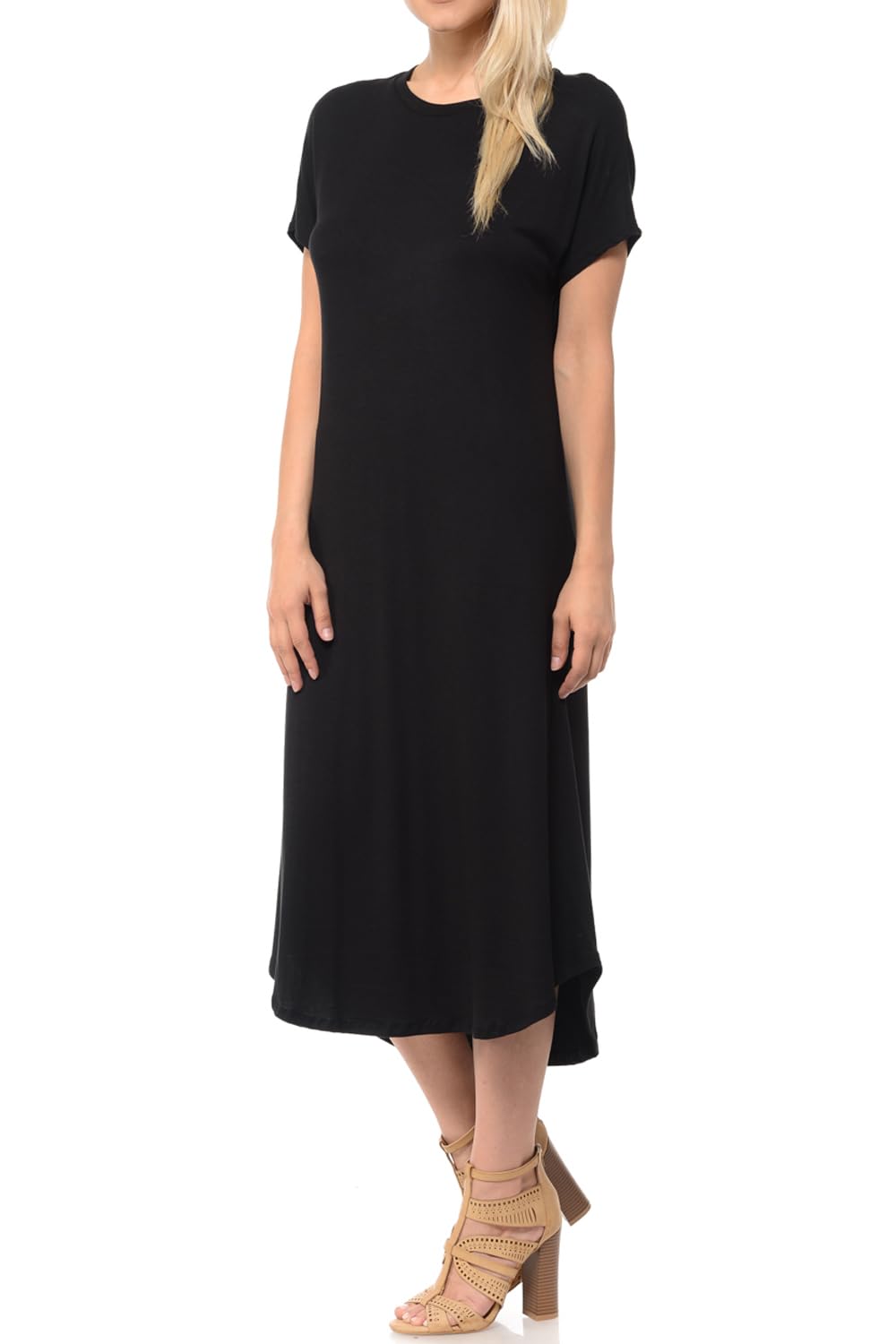 iconic luxe Women's Casual Loose-Fit Midi T-Shirt Dress – Short Sleeve, Soft Stretchy Fabric, Lightweight Large Black