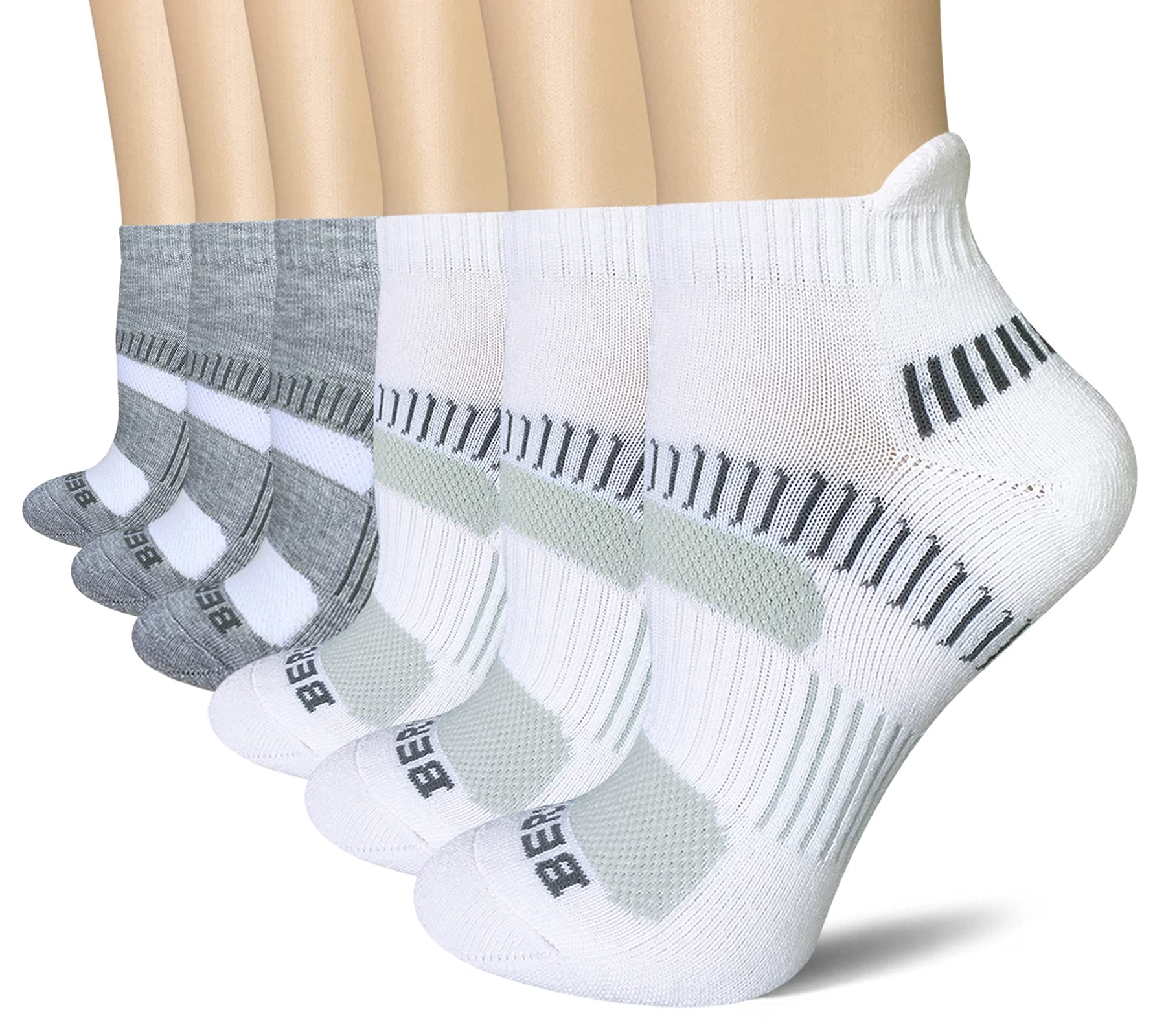BERING Women's Athletic Running Cushioned Ankle Socks, Size 6-9, White/Grey, 6 Pairs