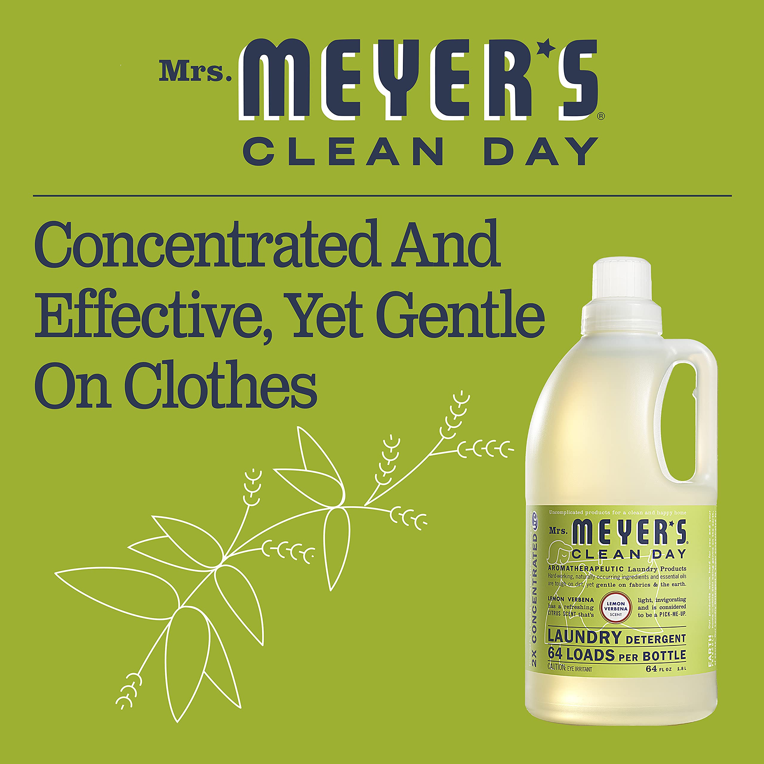 MRS. MEYER'S Clean Day Liquid Laundry Detergent, Biodegradable Formula Infused with Essential Oils, Lemon Verbena, 64 oz - Pack of 2 (128 Loads)