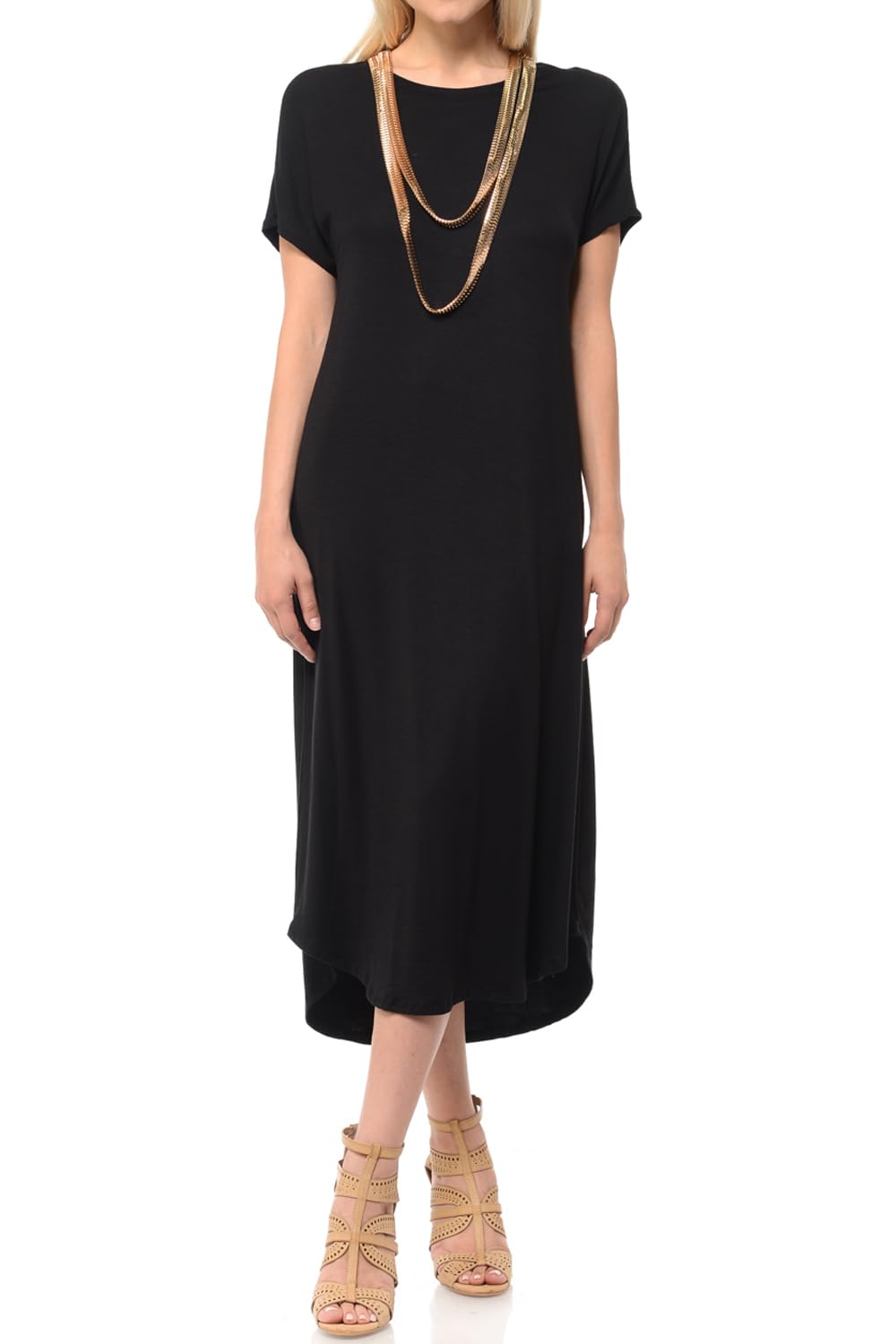 iconic luxe Women's Casual Loose-Fit Midi T-Shirt Dress – Short Sleeve, Soft Stretchy Fabric, Lightweight Large Black