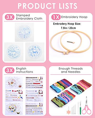 TINDTOP Beginners Embroidery Stitch Practice kit, Embroidery Kit for Beginners Include Embroidery Cloth Hoops Threads for Craft Lover Hand Stitch with Embroidery Skill Techniques (Colorful)