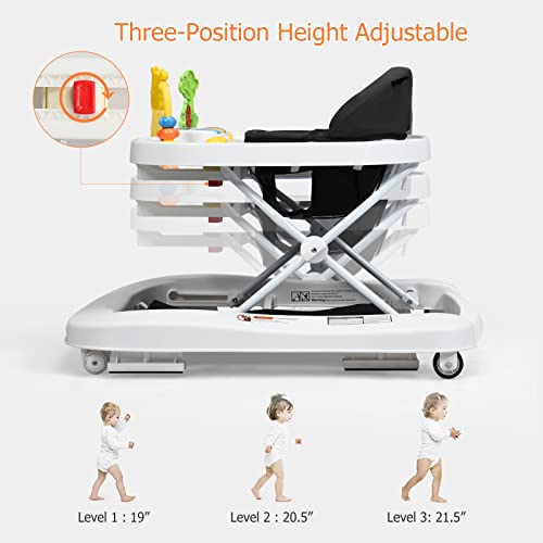 INFANS Foldable Baby Walker, 3 in 1 Toddler Walker Bouncer, Learning-Seated, Walk-Behind, Music, Adjustable Height, High Back Padded Seat, Detachable Trampoline Mat, Activity Walker with Toys (Grey)