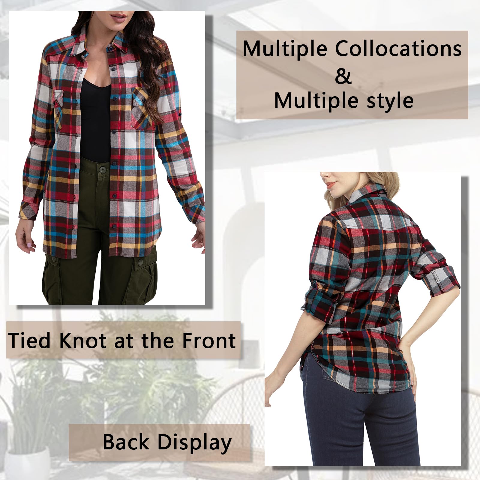 Match Womens Button Down Flannel Plaid Shirts roll up Long Sleeve Shackets Business Blouse Top (X-Large, Checks#16)