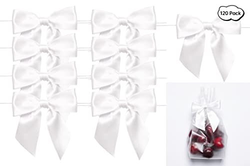 Rainbow Pana 120 Pack Twist Tie Bows for Treat Bags 2.5" White Satin Ribbon Bows for Package Craft Gift Wrapping Decoration