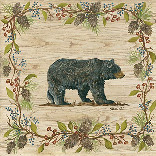 Rustic Pine Cone and Berry Bordered Moose and Bear Set; Cabin Lodge Decor; Two 12x12in Brown Framed Prints; Ready to hang!
