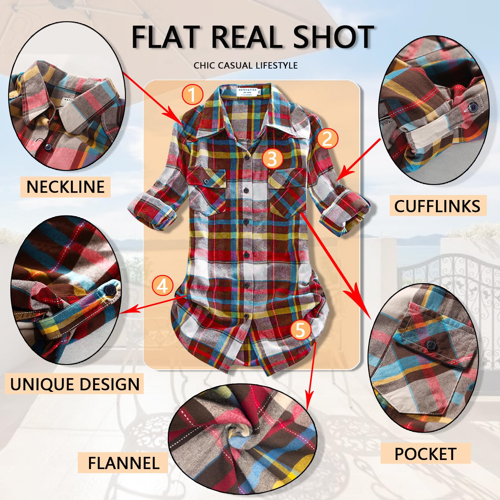 Match Womens Button Down Flannel Plaid Shirts roll up Long Sleeve Shackets Business Blouse Top (X-Large, Checks#16)