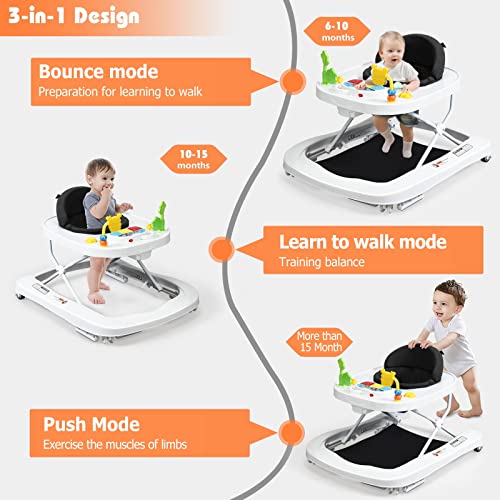 INFANS Foldable Baby Walker, 3 in 1 Toddler Walker Bouncer, Learning-Seated, Walk-Behind, Music, Adjustable Height, High Back Padded Seat, Detachable Trampoline Mat, Activity Walker with Toys (Grey)