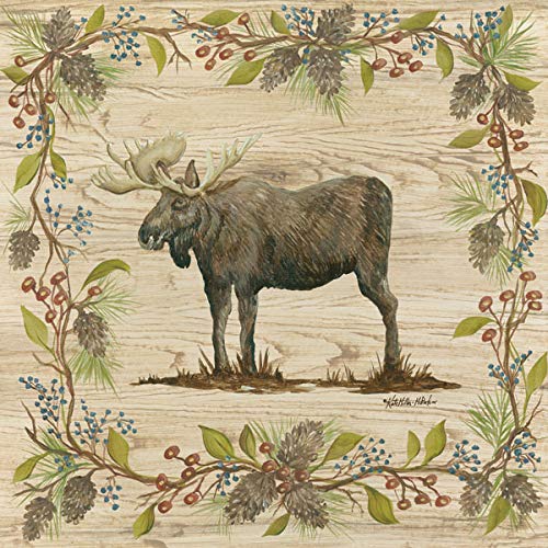 Rustic Pine Cone and Berry Bordered Moose and Bear Set; Cabin Lodge Decor; Two 12x12in Brown Framed Prints; Ready to hang!