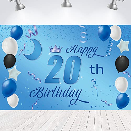 Sweet Happy 20th Birthday Backdrop Banner Poster 20 Birthday Party Decorations 20th Birthday Party Supplies 20th Photo Background for Girls,Boys,Women,Men - Blue 72.8 x 43.3 Inch