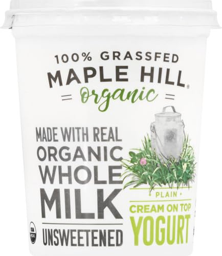 Maple Hill Creamery Organic Cream on Top Yogurt - USDA Organic Whole Milk Yogurt – Unsweetened No Sugar Added– 100% Certified Grass-Fed Yogurt, Plain, 32 oz