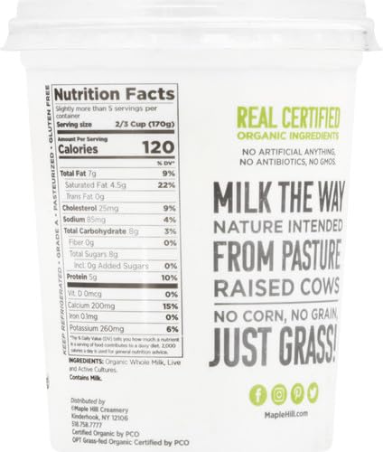 Maple Hill Creamery Organic Cream on Top Yogurt - USDA Organic Whole Milk Yogurt – Unsweetened No Sugar Added– 100% Certified Grass-Fed Yogurt, Plain, 32 oz