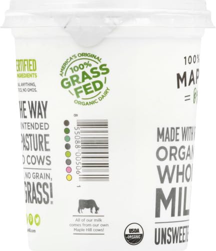 Maple Hill Creamery Organic Cream on Top Yogurt - USDA Organic Whole Milk Yogurt – Unsweetened No Sugar Added– 100% Certified Grass-Fed Yogurt, Plain, 32 oz