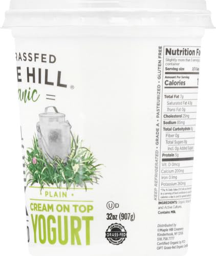 Maple Hill Creamery Organic Cream on Top Yogurt - USDA Organic Whole Milk Yogurt – Unsweetened No Sugar Added– 100% Certified Grass-Fed Yogurt, Plain, 32 oz