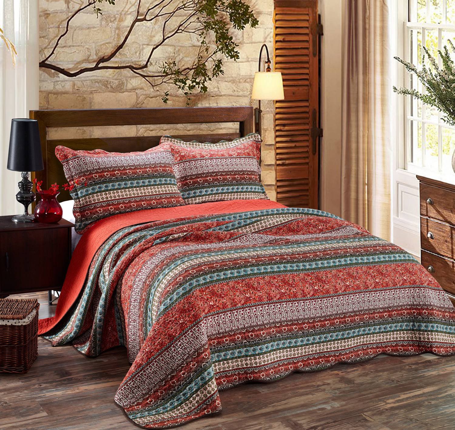 Best Striped Classical Cotton 3-Piece Patchwork Bedspread Quilt Sets Queen
