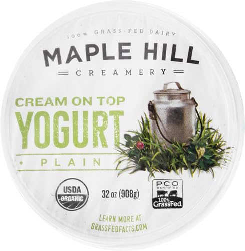 Maple Hill Creamery Organic Cream on Top Yogurt - USDA Organic Whole Milk Yogurt – Unsweetened No Sugar Added– 100% Certified Grass-Fed Yogurt, Plain, 32 oz