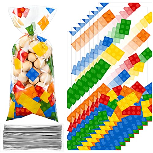 100 Pcs Building Block Cellophane Treat Bags, Color Bricks Theme Building Block Candy Goodie Bags Plastic Party Favor Bags with 100 Silver Twist Ties for Birthday Party Supplies (Clear Background)