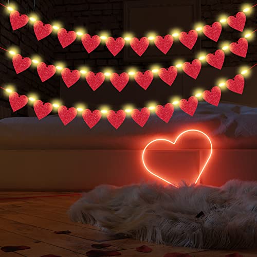 2 Pieces Heart Garland Banner for Valentines Day with Warm Led Lights Decorations Red Pink Heart Felt Banners Garland for Fireplace, Anniversary, Wedding, Engagement Party Home Decor (Style 1)