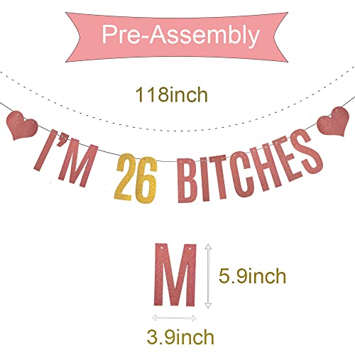 XIAOLUOLY Rose Gold I'M 26 BITCHES Glitter Banner,Pre-Strung,Funny 26th Birthday Party Decorations Bunting Sign Backdrops,I'M 26 BITCHES
