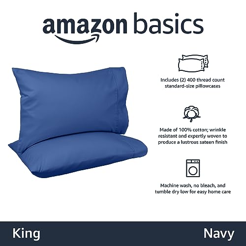 Amazon Basics 400 Thread Count Cotton Pillow Cases, King, 40" L x 20" W, Navy - Set of 2, Pillows Not Included