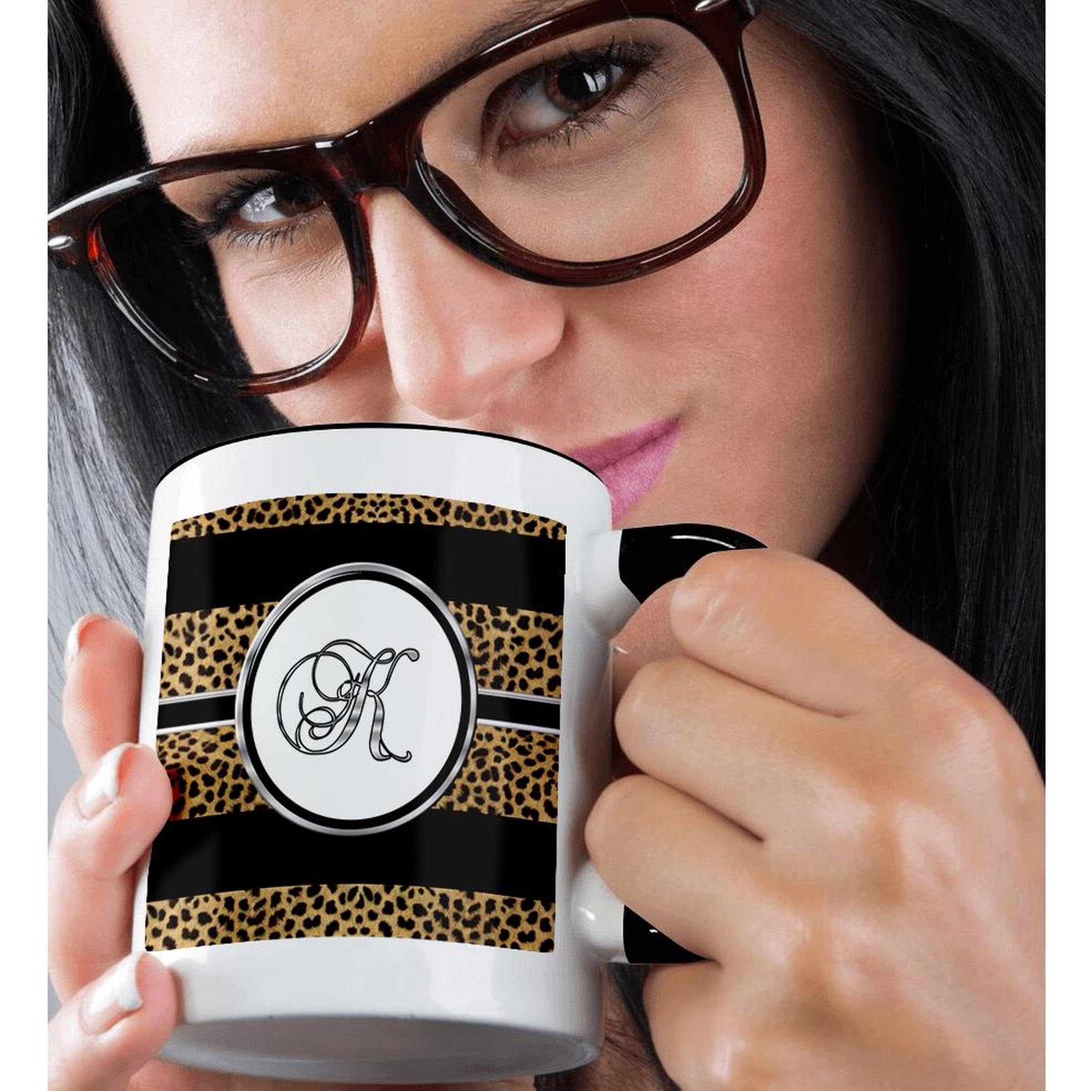 3dRose mug_180680_4 Elegant Cheetah Animal Print Monogram Letter K Two Tone Mug, 11 oz, Black