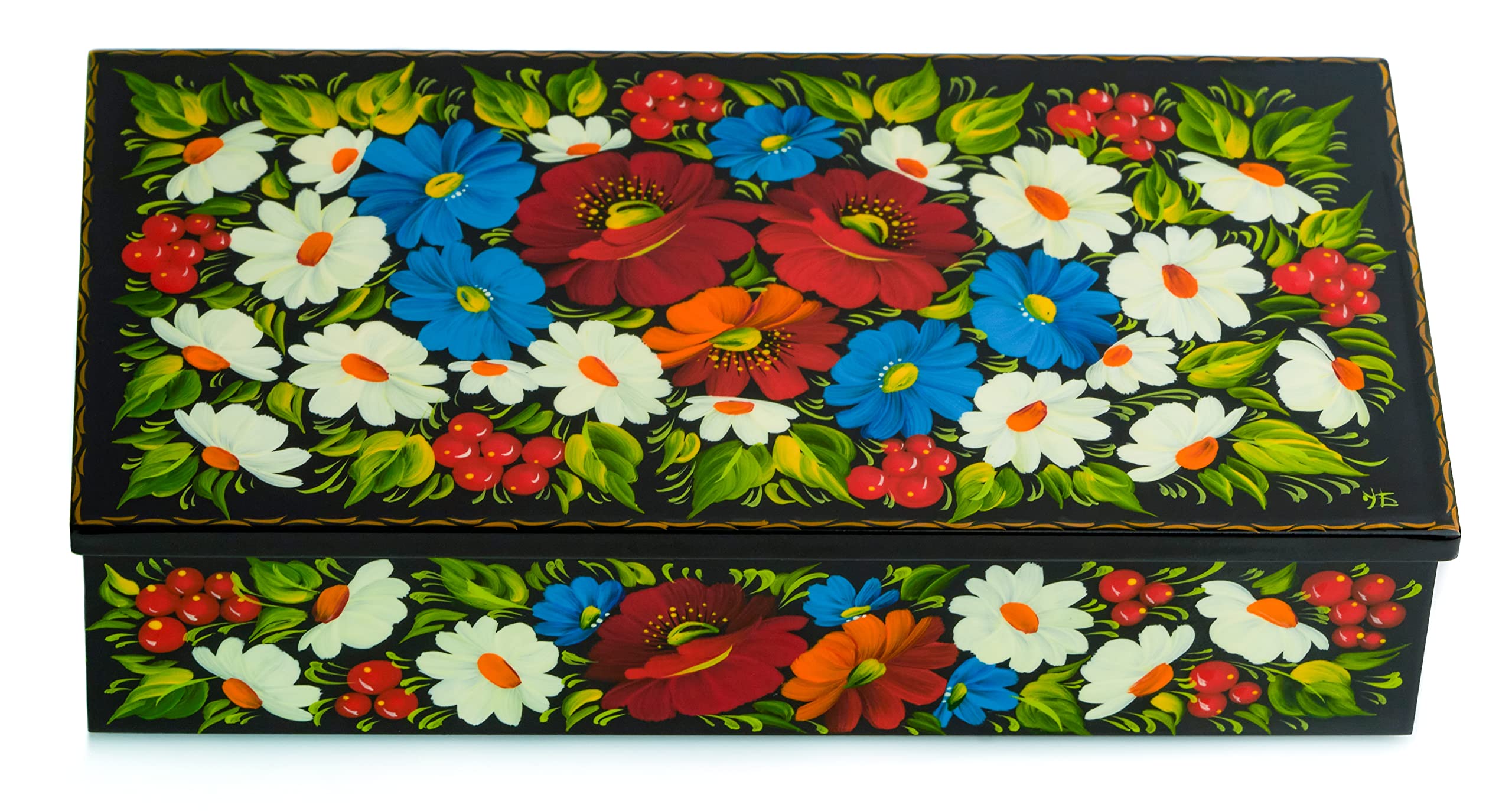 UA Creations Petrykiv Ethnic Rectangular Lacquered Wooden Jewelry Box with Lid, Hand Painted Flowers on Black, Beautiful Floral Design Gift for Women (red and blue)