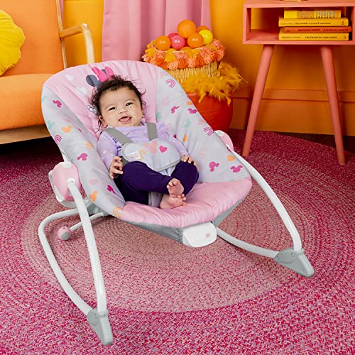 Bright Starts Disney Baby Minnie Mouse Infant to Toddler Rocker with Vibrations and Removable-Toy Bar - Forever Besties, Newborn +