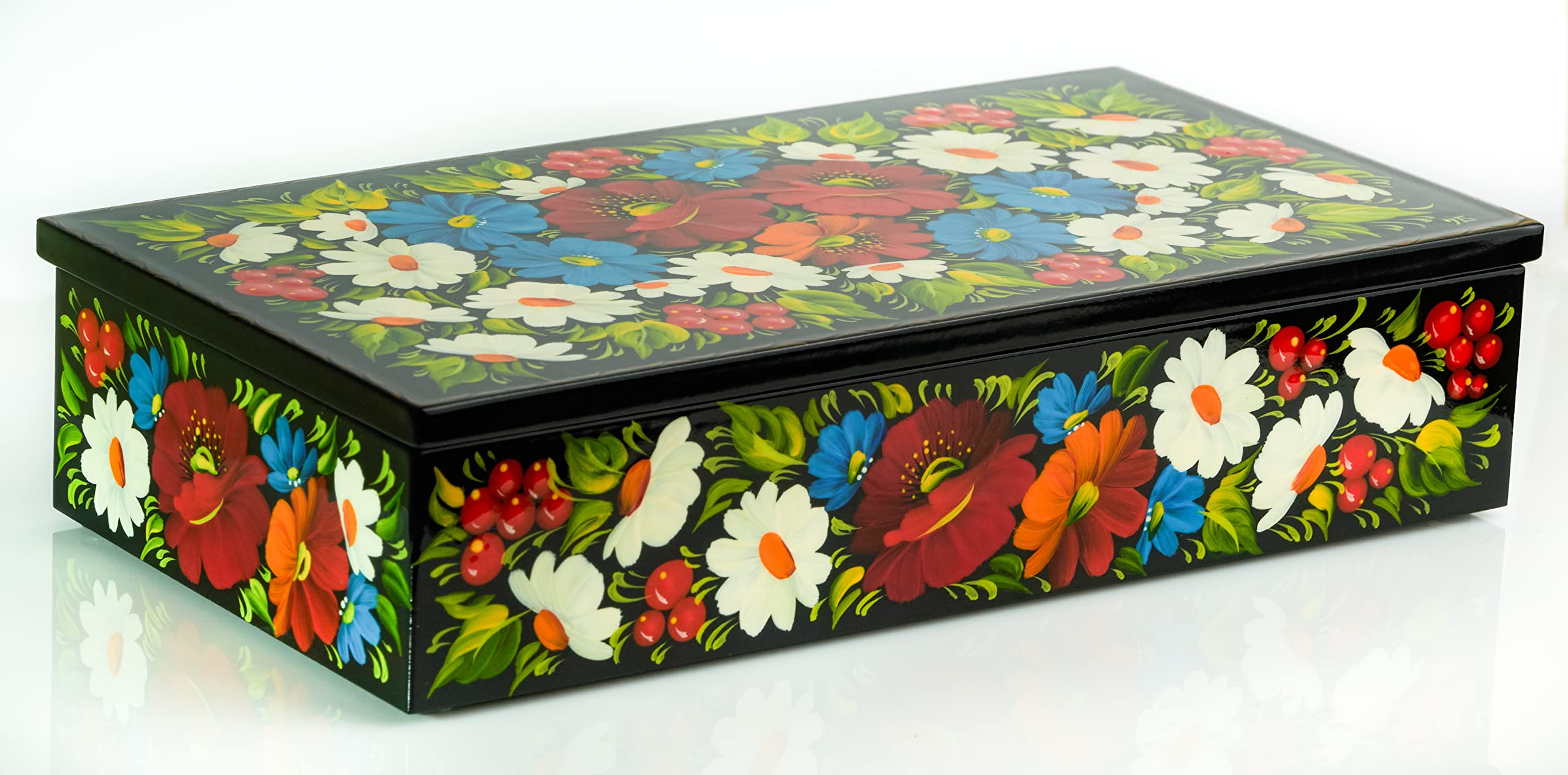 UA Creations Petrykiv Ethnic Rectangular Lacquered Wooden Jewelry Box with Lid, Hand Painted Flowers on Black, Beautiful Floral Design Gift for Women (red and blue)