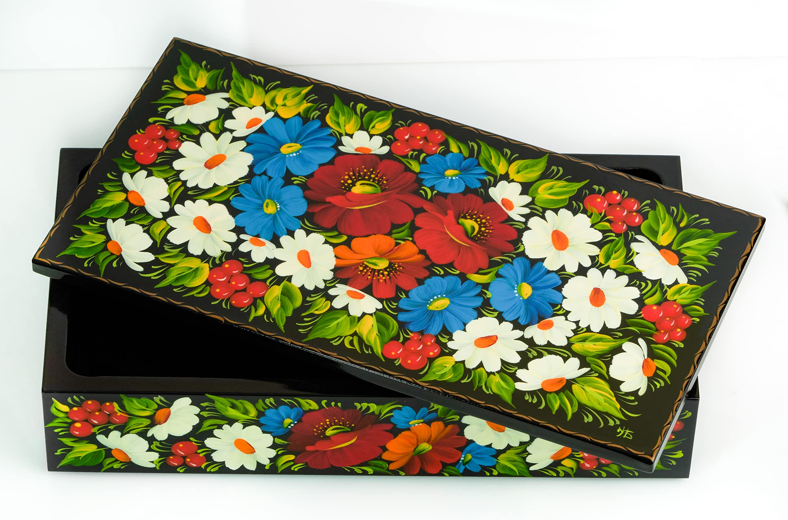 UA Creations Petrykiv Ethnic Rectangular Lacquered Wooden Jewelry Box with Lid, Hand Painted Flowers on Black, Beautiful Floral Design Gift for Women (red and blue)