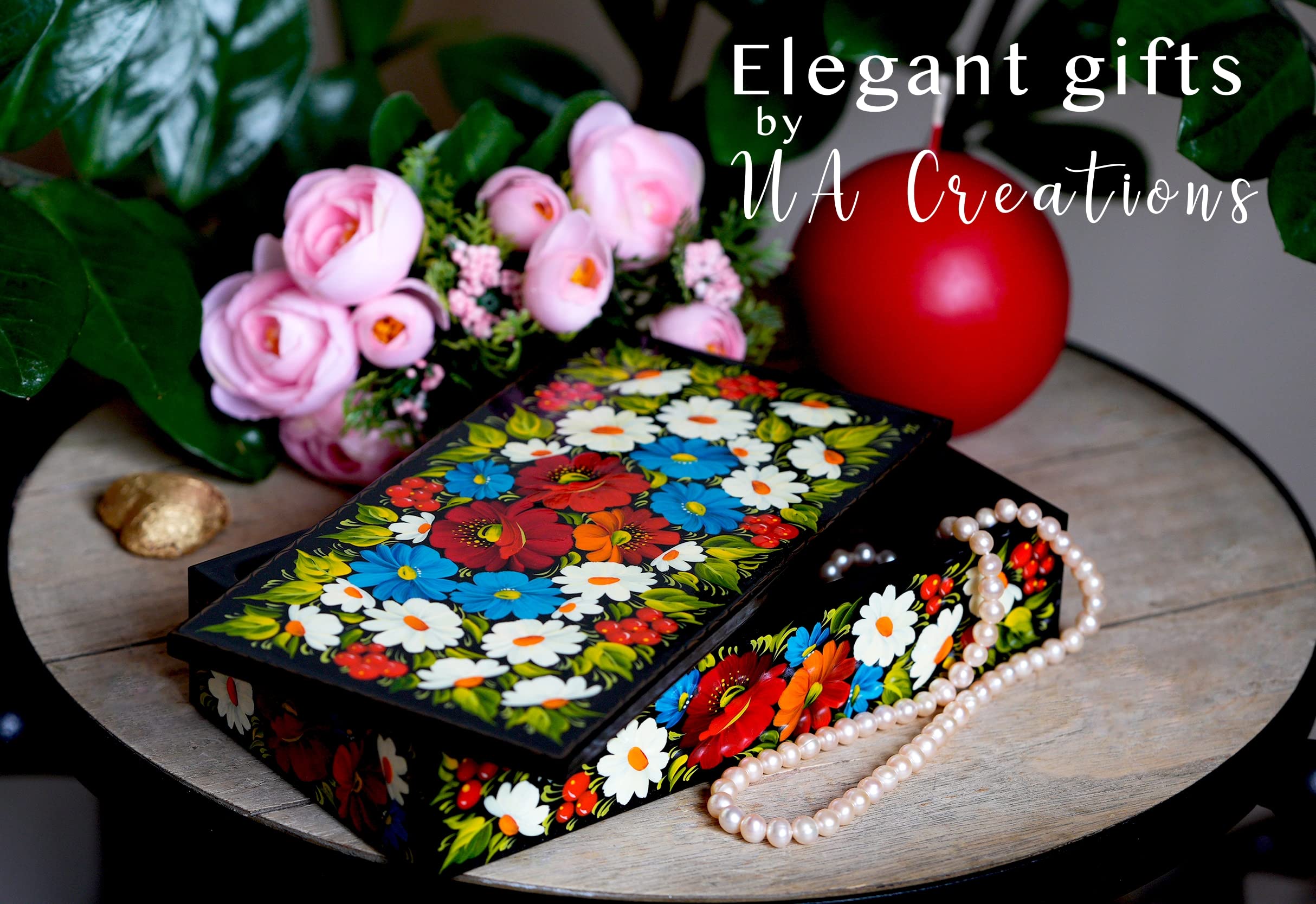 UA Creations Petrykiv Ethnic Rectangular Lacquered Wooden Jewelry Box with Lid, Hand Painted Flowers on Black, Beautiful Floral Design Gift for Women (red and blue)