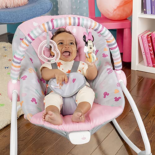 Bright Starts Disney Baby Minnie Mouse Infant to Toddler Rocker with Vibrations and Removable-Toy Bar - Forever Besties, Newborn +