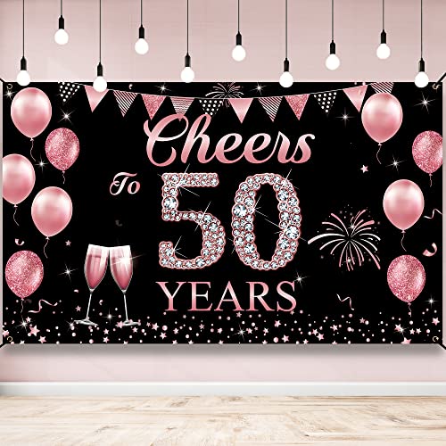Happy 50th Birthday Decorations for Women, Cheers to 50 Years Backdrop Banner, Rose Gold 50th Birthday Party Yard Banner, 50th Wedding Anniversary Decoration Banner for Outdoor Indoor, Vicycaty