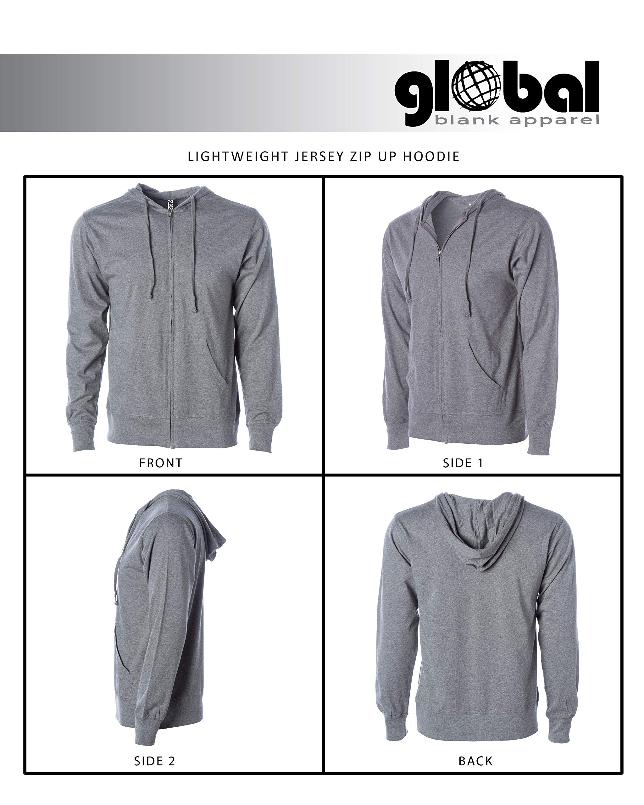 Global Blank Long Sleeve T-Shirt Sweatshirts for Men, Lightweight Zip-Up Hoodie, Gunmetal Heather, XS