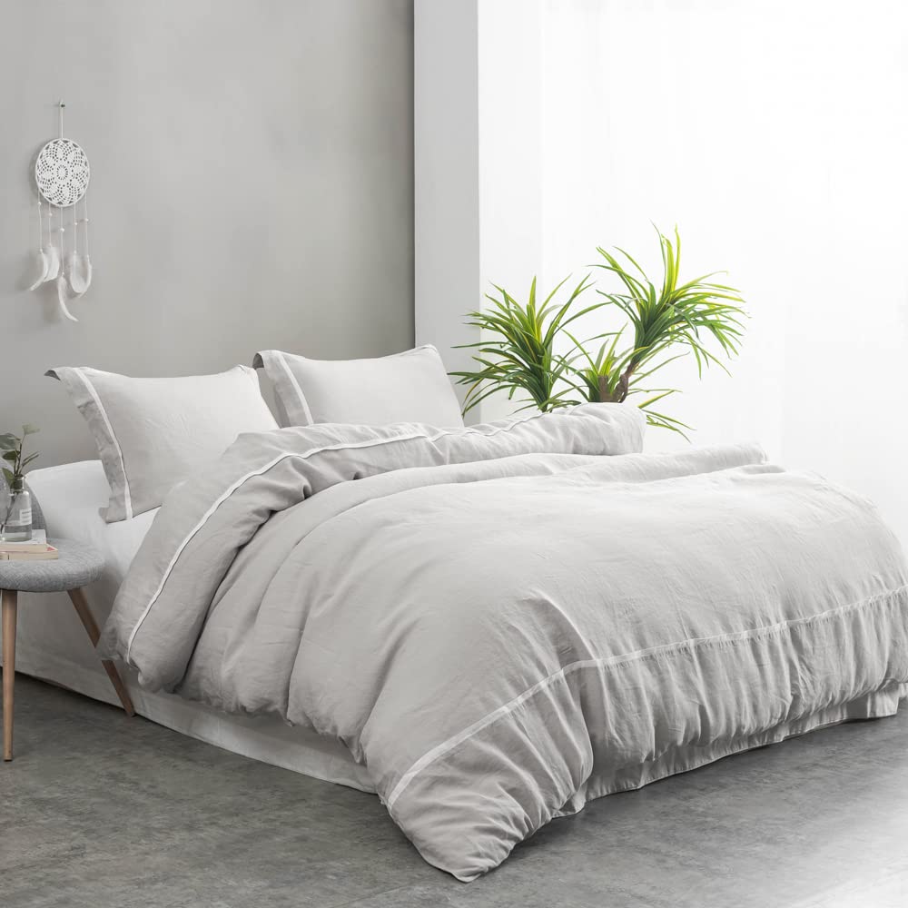 Simple&Opulence 100% Linen Duvet Cover Set Comforter King Size (104" x 92")-3pcs French Washed Flax Textured Soft Bedding with Striped Detail, 1 Duvet Cover and 2 Pillowcases (Grey)