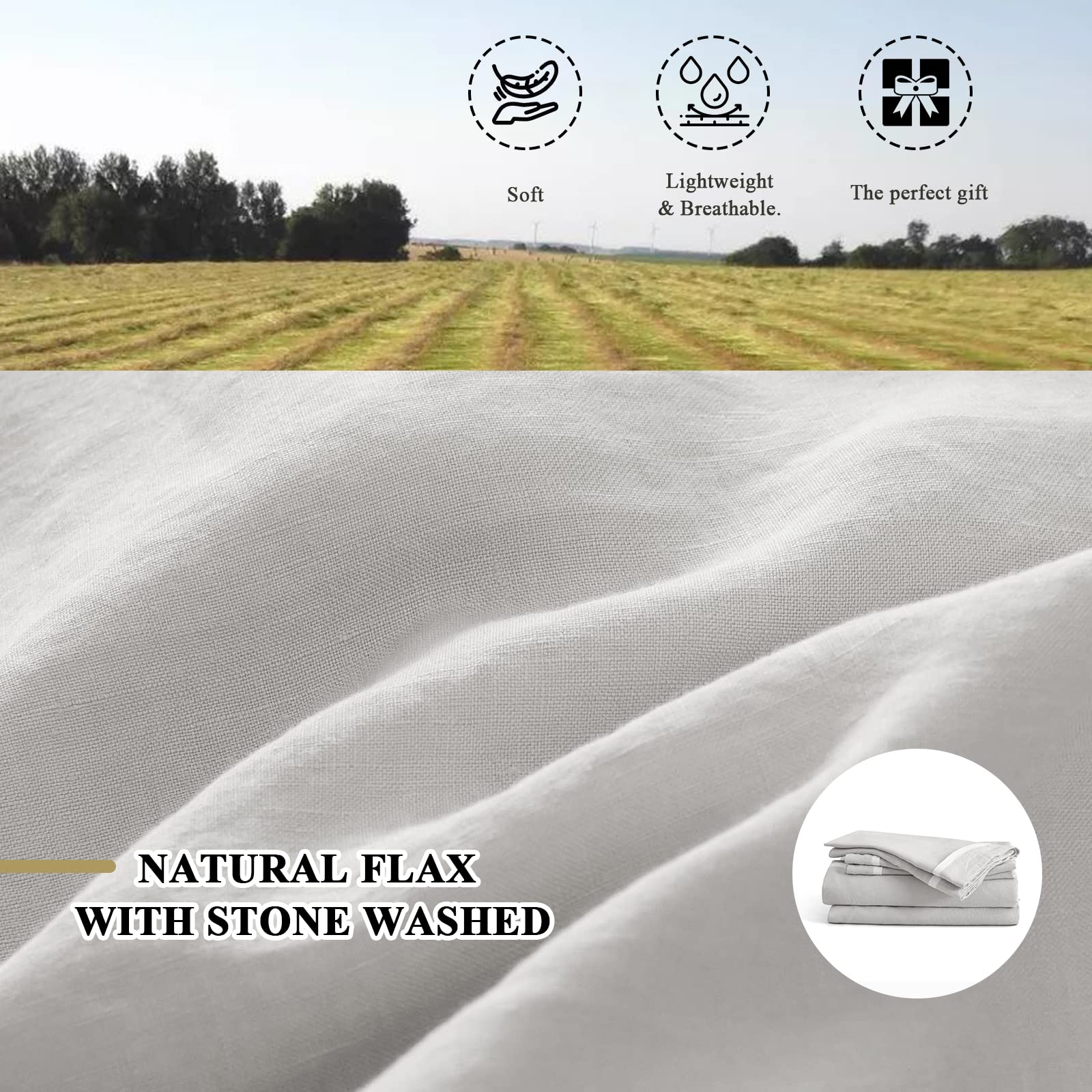 Simple&Opulence 100% Linen Duvet Cover Set Comforter King Size (104" x 92")-3pcs French Washed Flax Textured Soft Bedding with Striped Detail, 1 Duvet Cover and 2 Pillowcases (Grey)