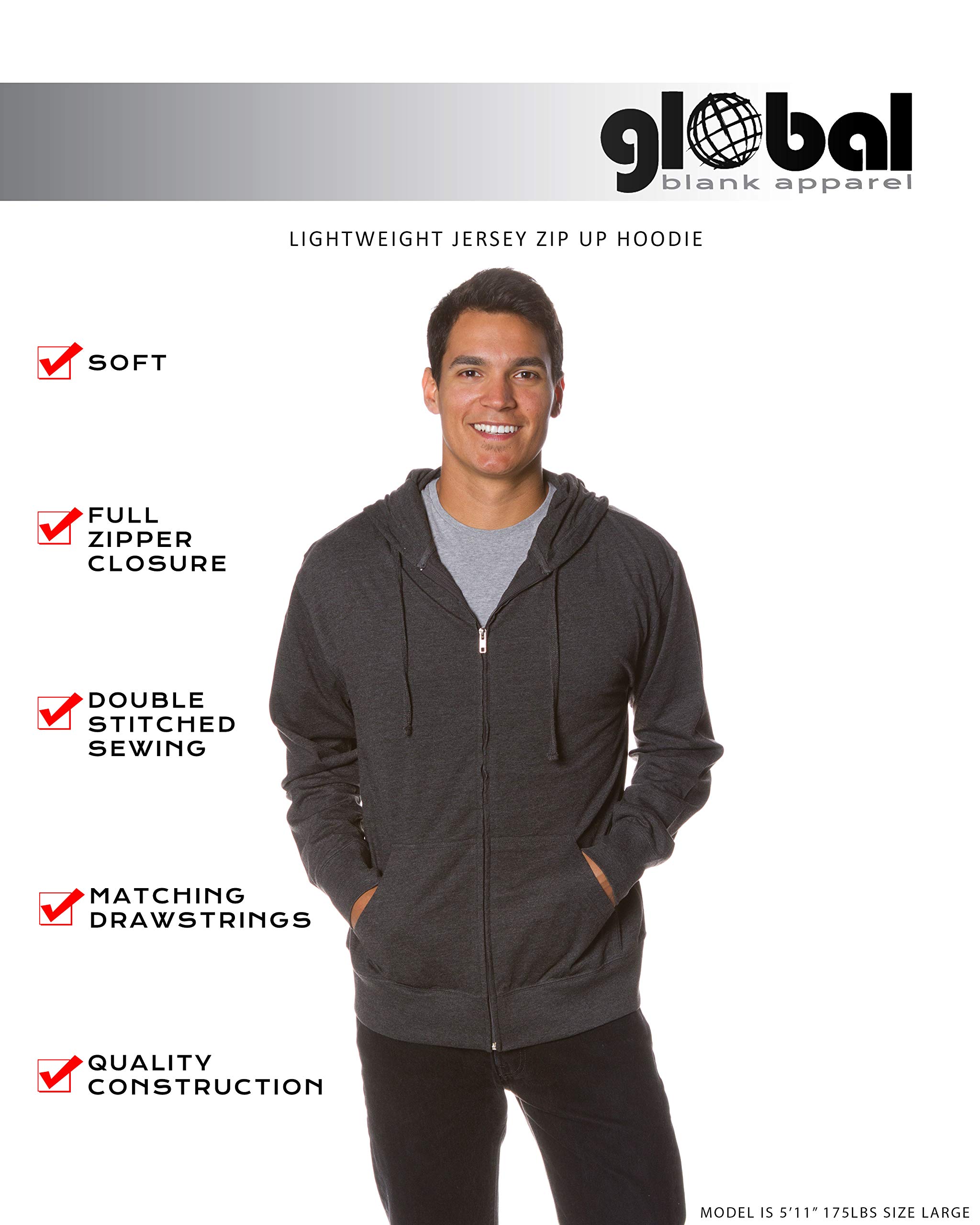 Global Blank Long Sleeve T-Shirt Sweatshirts for Men, Lightweight Zip-Up Hoodie, Gunmetal Heather, XS