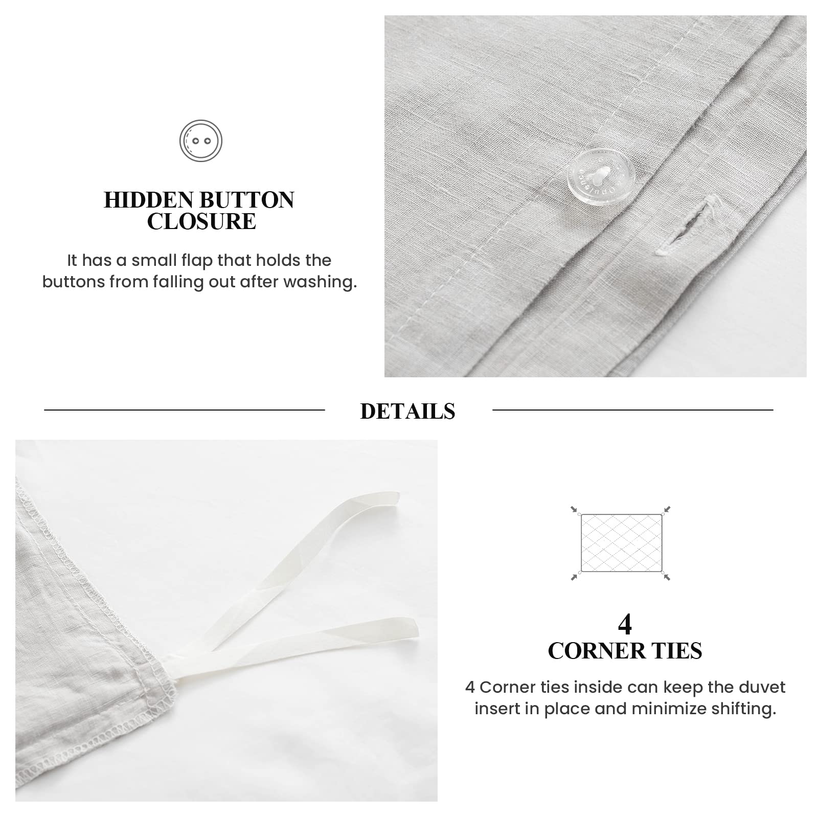 Simple&Opulence 100% Linen Duvet Cover Set Comforter King Size (104" x 92")-3pcs French Washed Flax Textured Soft Bedding with Striped Detail, 1 Duvet Cover and 2 Pillowcases (Grey)