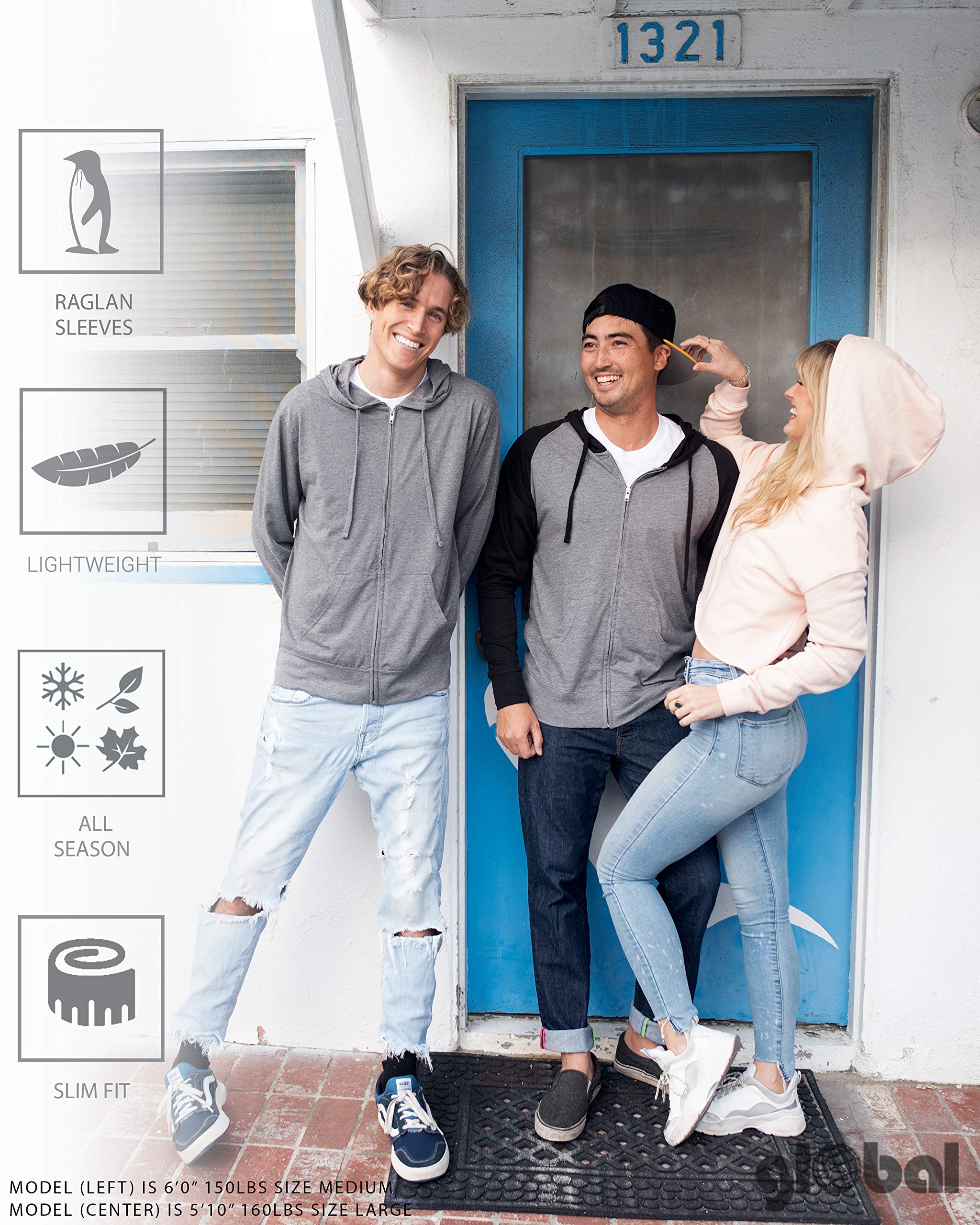 Global Blank Long Sleeve T-Shirt Sweatshirts for Men, Lightweight Zip-Up Hoodie, Gunmetal Heather, XS