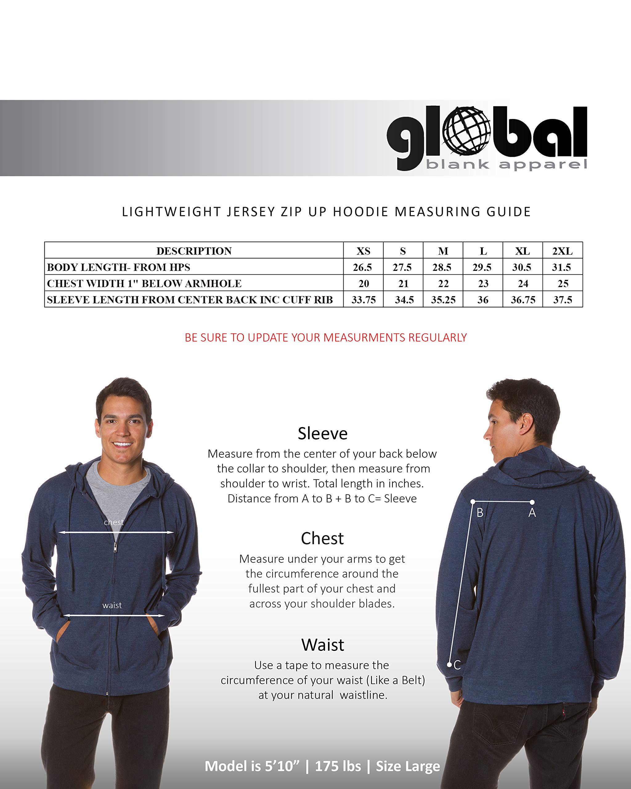 Global Blank Long Sleeve T-Shirt Sweatshirts for Men, Lightweight Zip-Up Hoodie, Gunmetal Heather, XS
