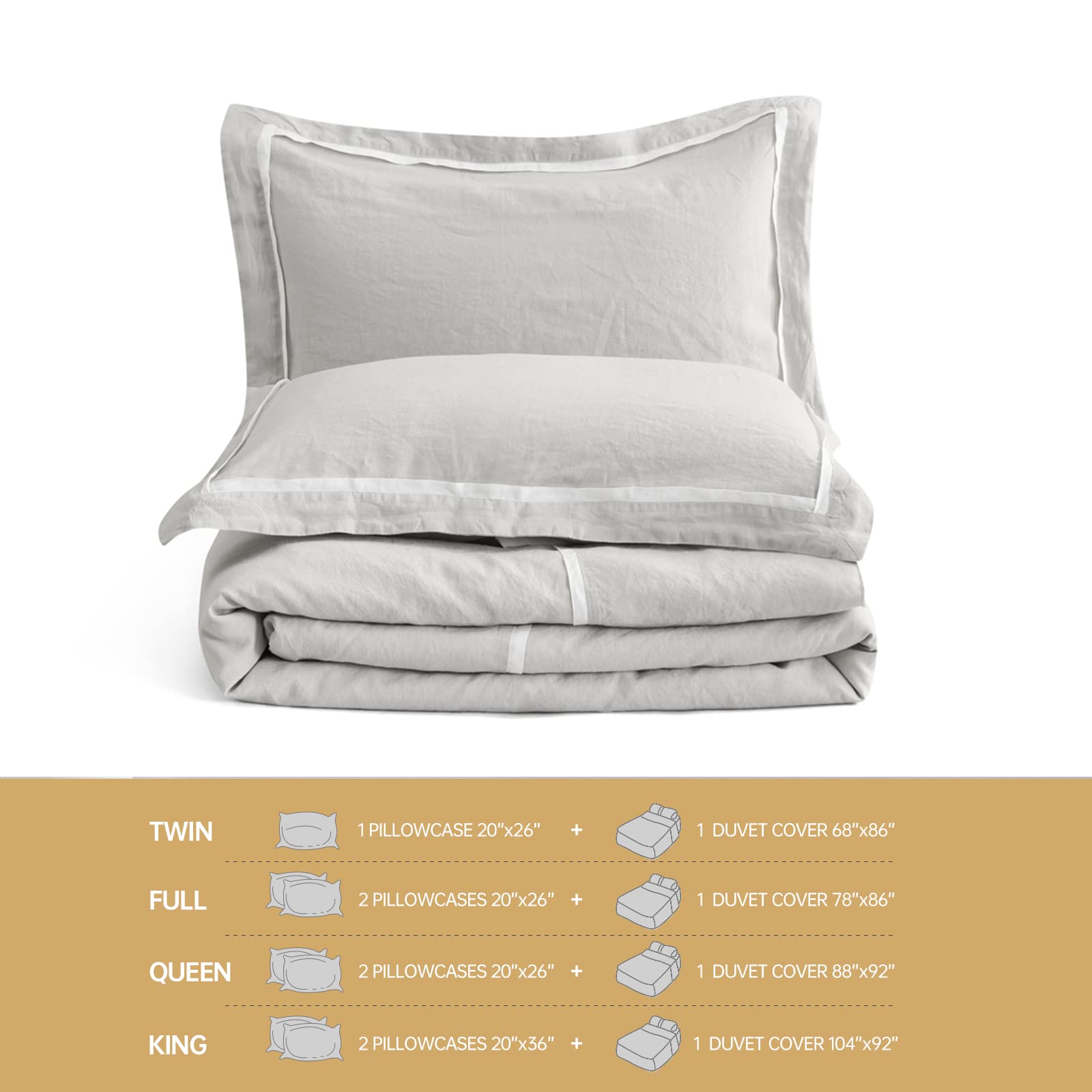 Simple&Opulence 100% Linen Duvet Cover Set Comforter King Size (104" x 92")-3pcs French Washed Flax Textured Soft Bedding with Striped Detail, 1 Duvet Cover and 2 Pillowcases (Grey)