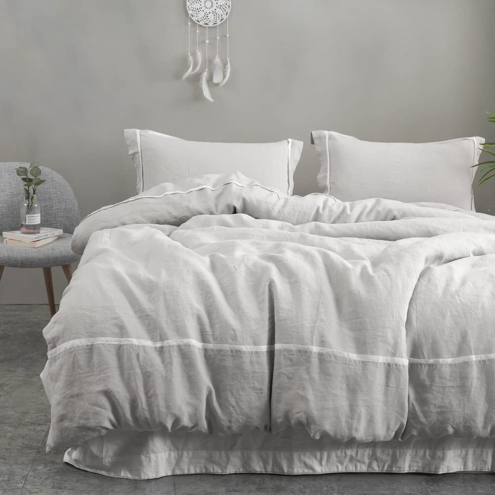 Simple&Opulence 100% Linen Duvet Cover Set Comforter King Size (104" x 92")-3pcs French Washed Flax Textured Soft Bedding with Striped Detail, 1 Duvet Cover and 2 Pillowcases (Grey)