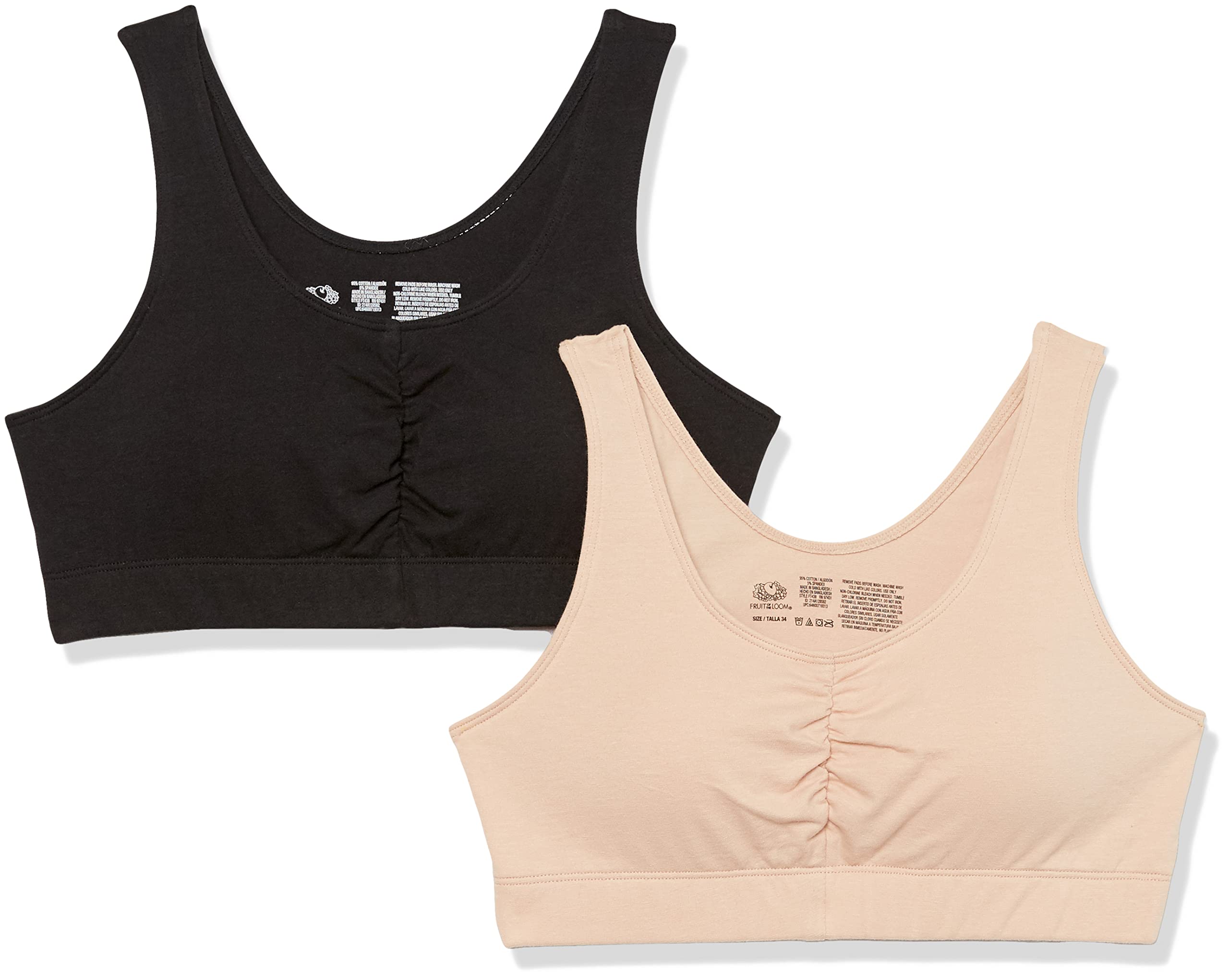 Fruit of the Loom womens With Cookies, 2-pack sports bras, Sand/Black, 40 US